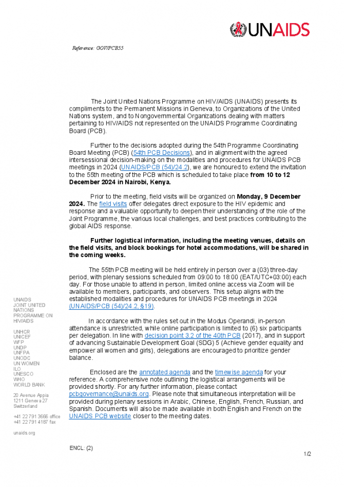 55th meeting, UNAIDS Programme Coordinating Board, 10-12 December 2024 ...
